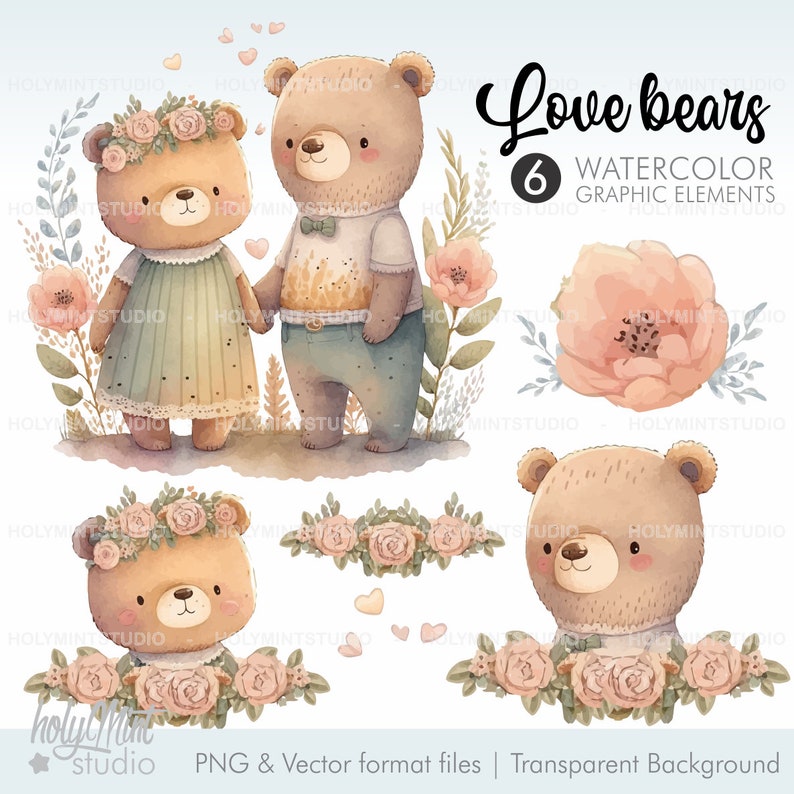 Watercolor Bears Valentine's Day Clipart Anniversary - Etsy