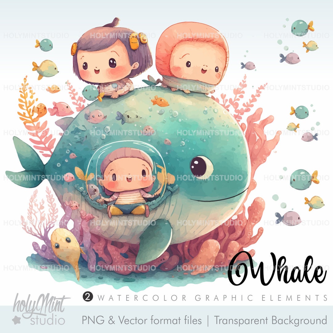 Whale and Kids Clipart, Nursery Art Decor, Summer Clipart, Ocean ...