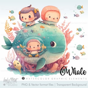 Whale and Kids Clipart, Nursery Art Decor, Summer Clipart, Ocean ...