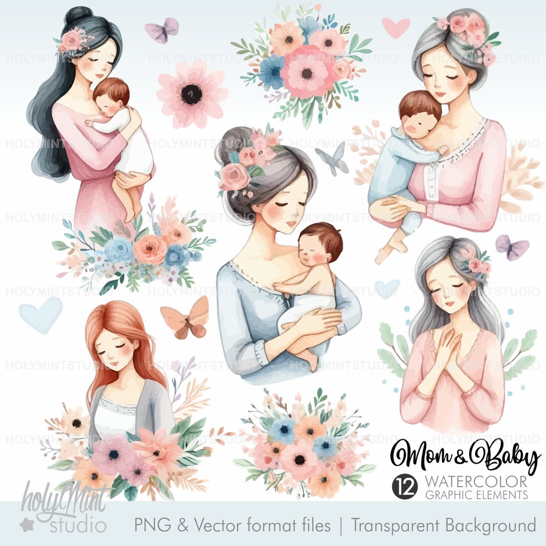 Mother's Day Clipart, Watercolor Mom, Watercolor Mother, Mom and Baby ...