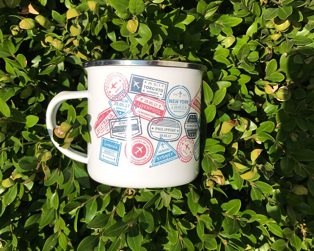 Passport Stamps Enamel Camper Mug, Glamping Coffee Mug - Etsy