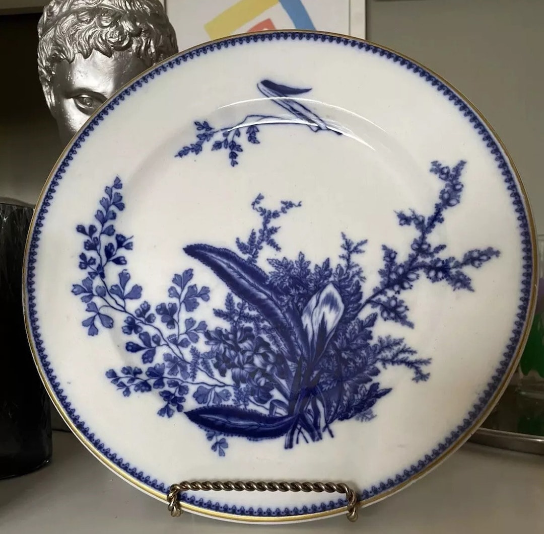 Antique C 1790 W Adams Tunstall FERN Ironstone Flow Blue 10.5” Dinner ...