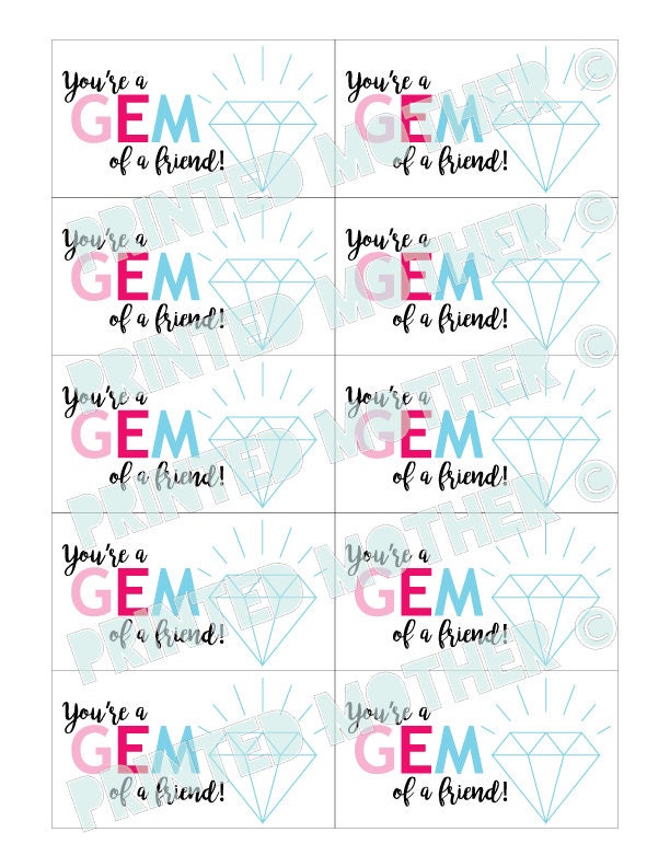 You're A Gem Printable PDF Gift Tags | Valentine Favors | Classroom ...