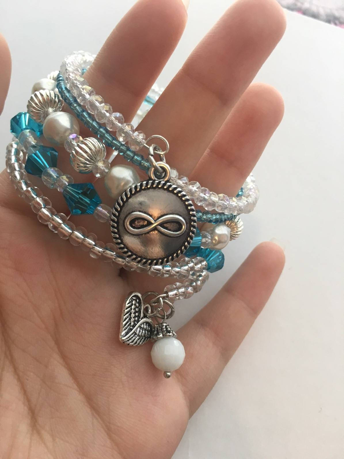 Blue and White 5-wrap Memory Wire Bracelet With Infinity Charm - Etsy