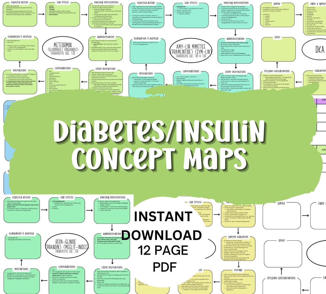 Diabetes Insulin Concept Maps: Nursing School Study Guide (PDF) - Etsy