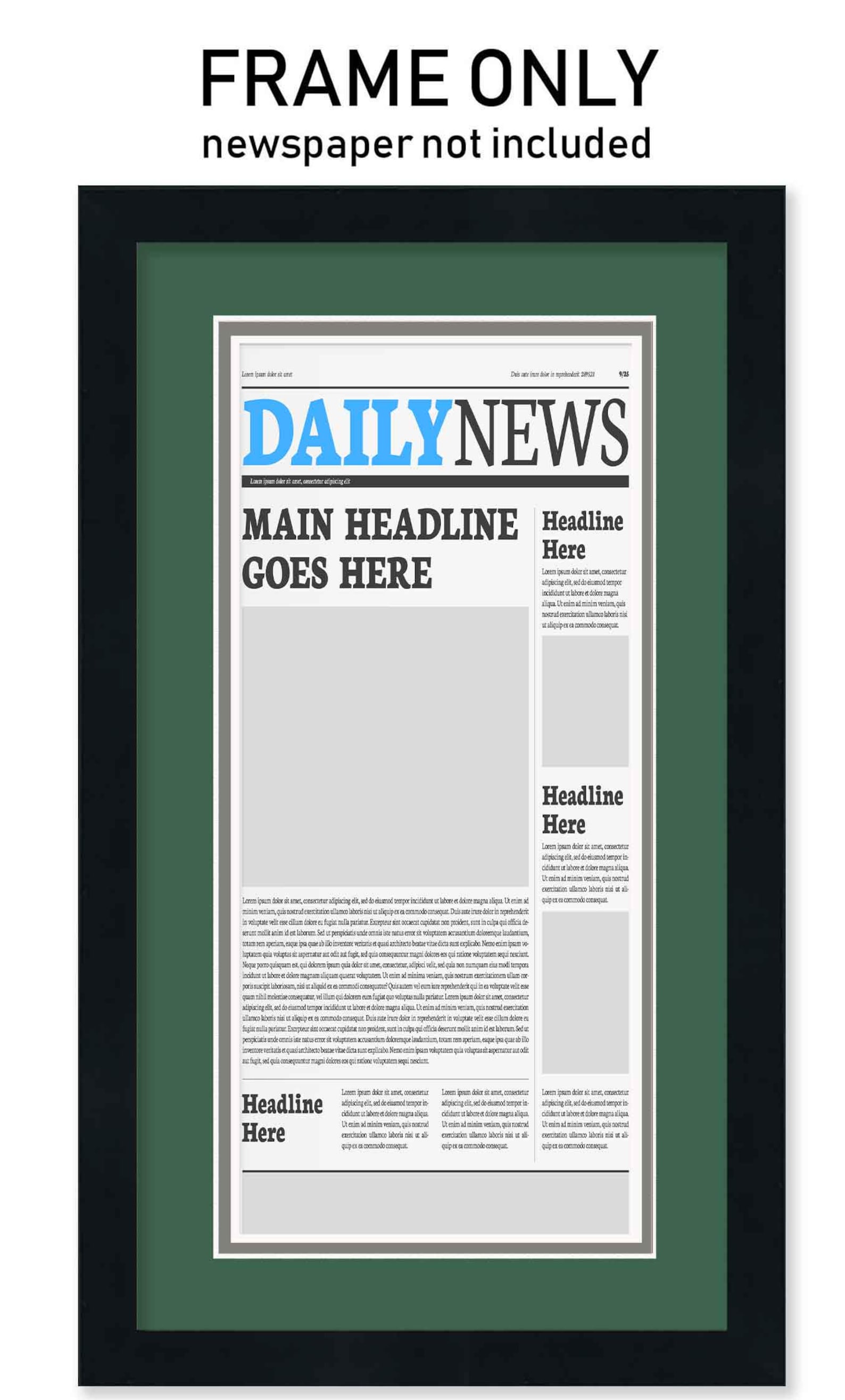 Matted Newspaper Frame for 11x22 Newspaper With Green Double Mat With ...