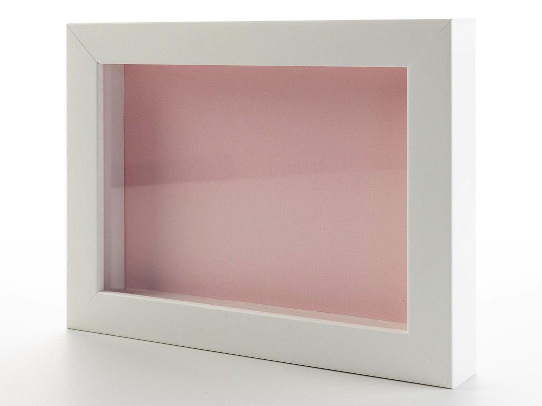 White Shadow Box Display Frame With Pink Backing, Complimentary Acrylic ...