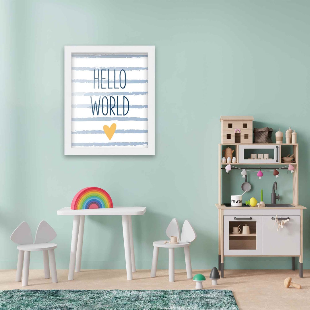 8x10 Framed Nursery Wall Adventure Boy Hello World Poster in White Wood ...