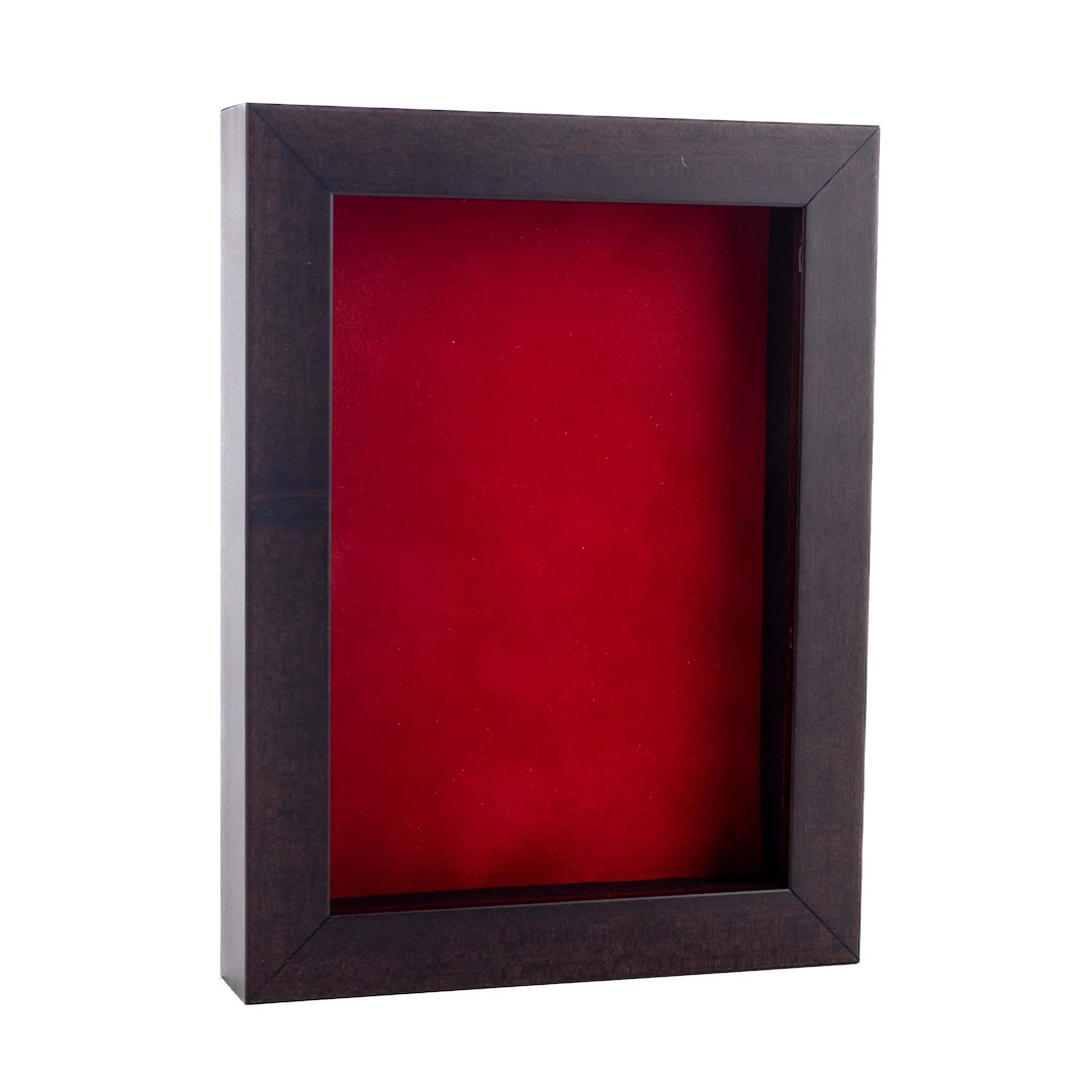 Rich Dark Brown Wood Shadow Box Frame With UV Acrylic Front - Red Suede ...