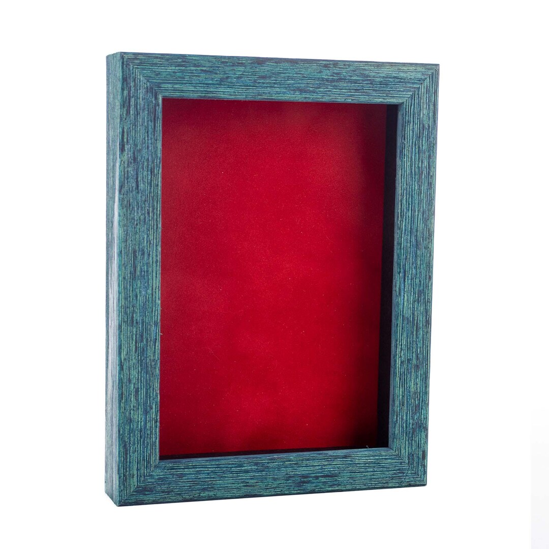 Rustic Blue Wood Shadow Box Frame With UV Acrylic Front - Red Suede ...
