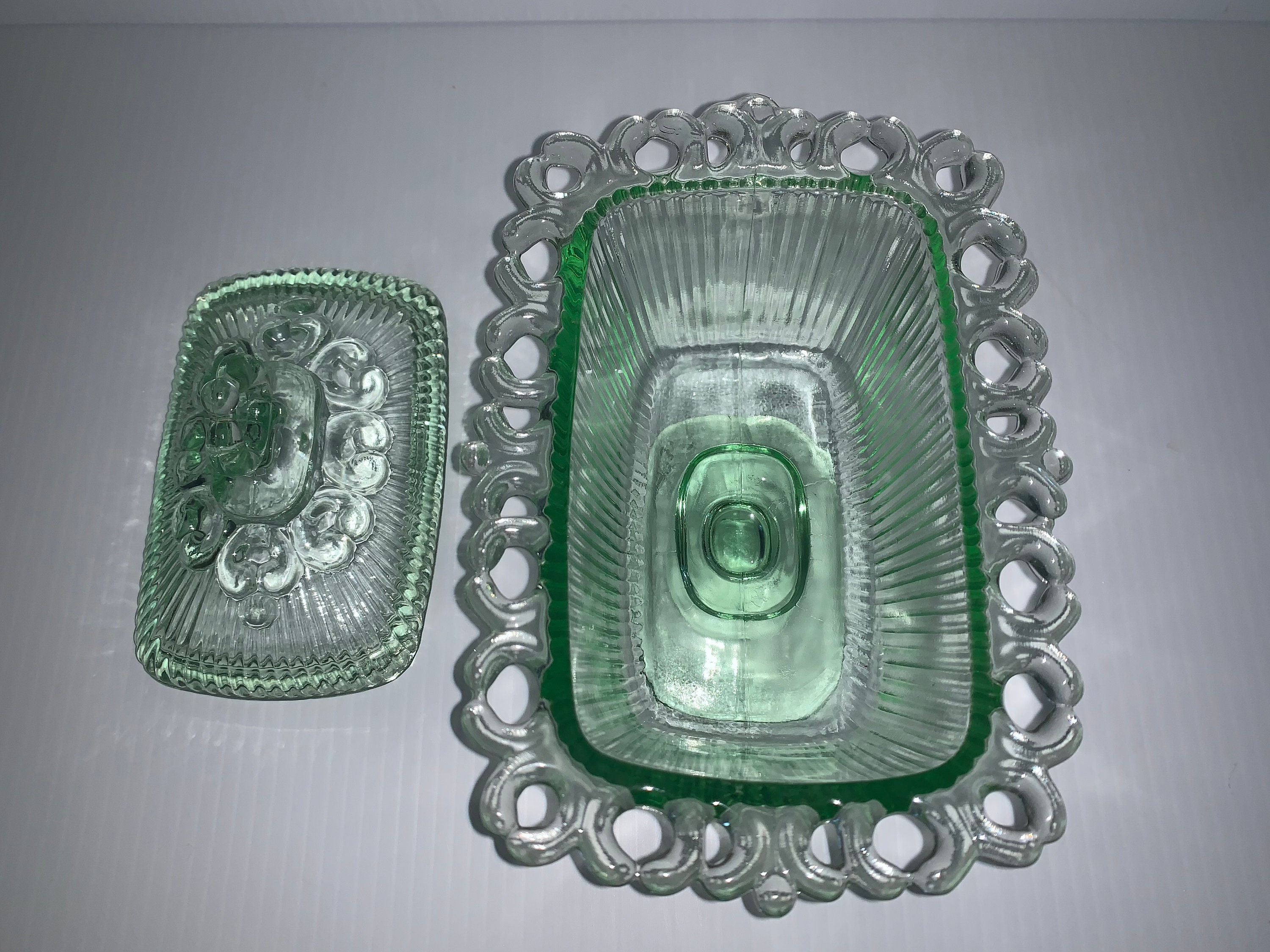 Vintage Mint Green Indiana Glass Lace Edge Pedestal Candy Dish With Lid ...