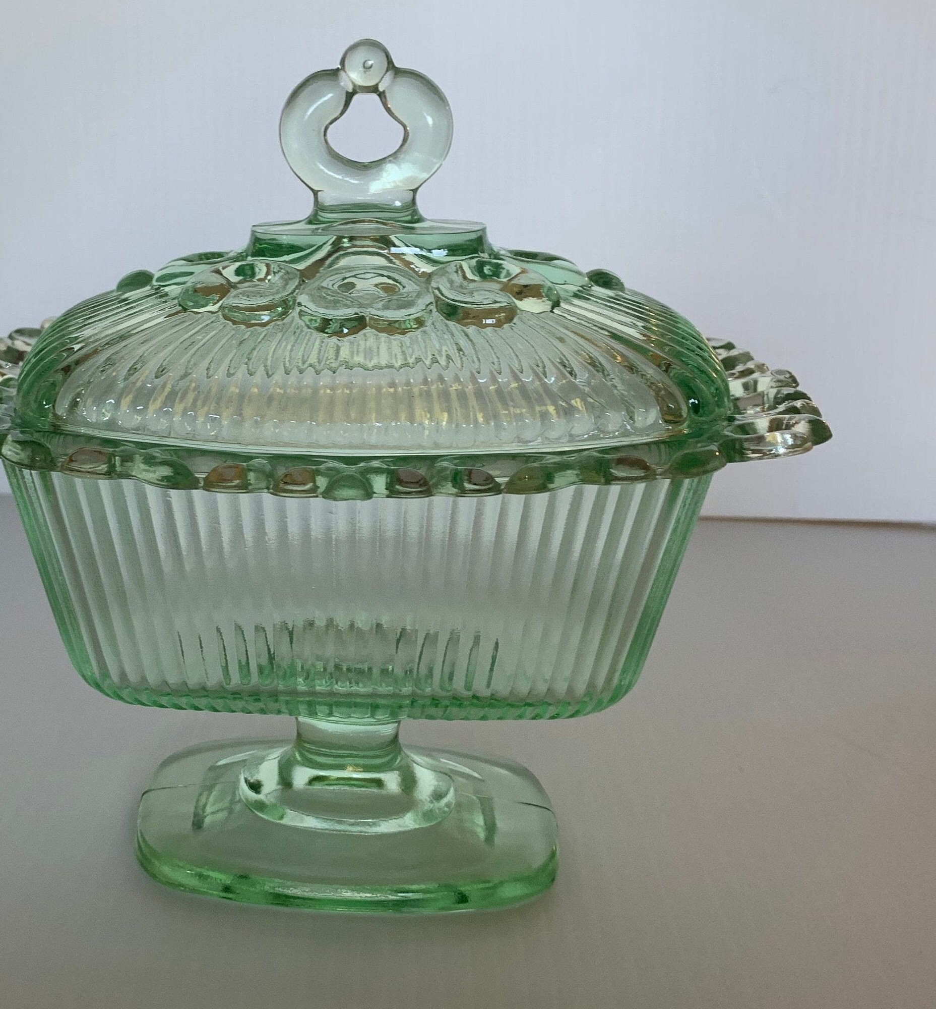 Vintage Mint Green Indiana Glass Lace Edge Pedestal Candy Dish With Lid ...
