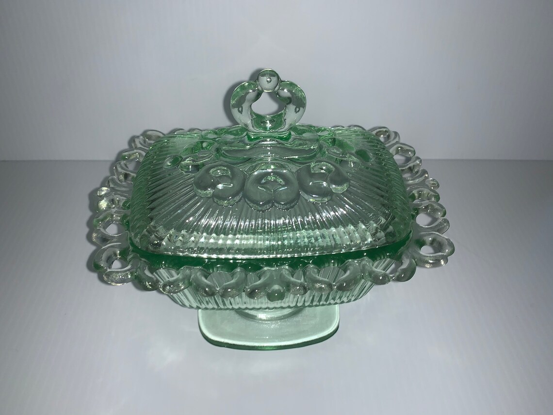 Vintage Mint Green Indiana Glass Lace Edge Pedestal Candy Dish With Lid ...