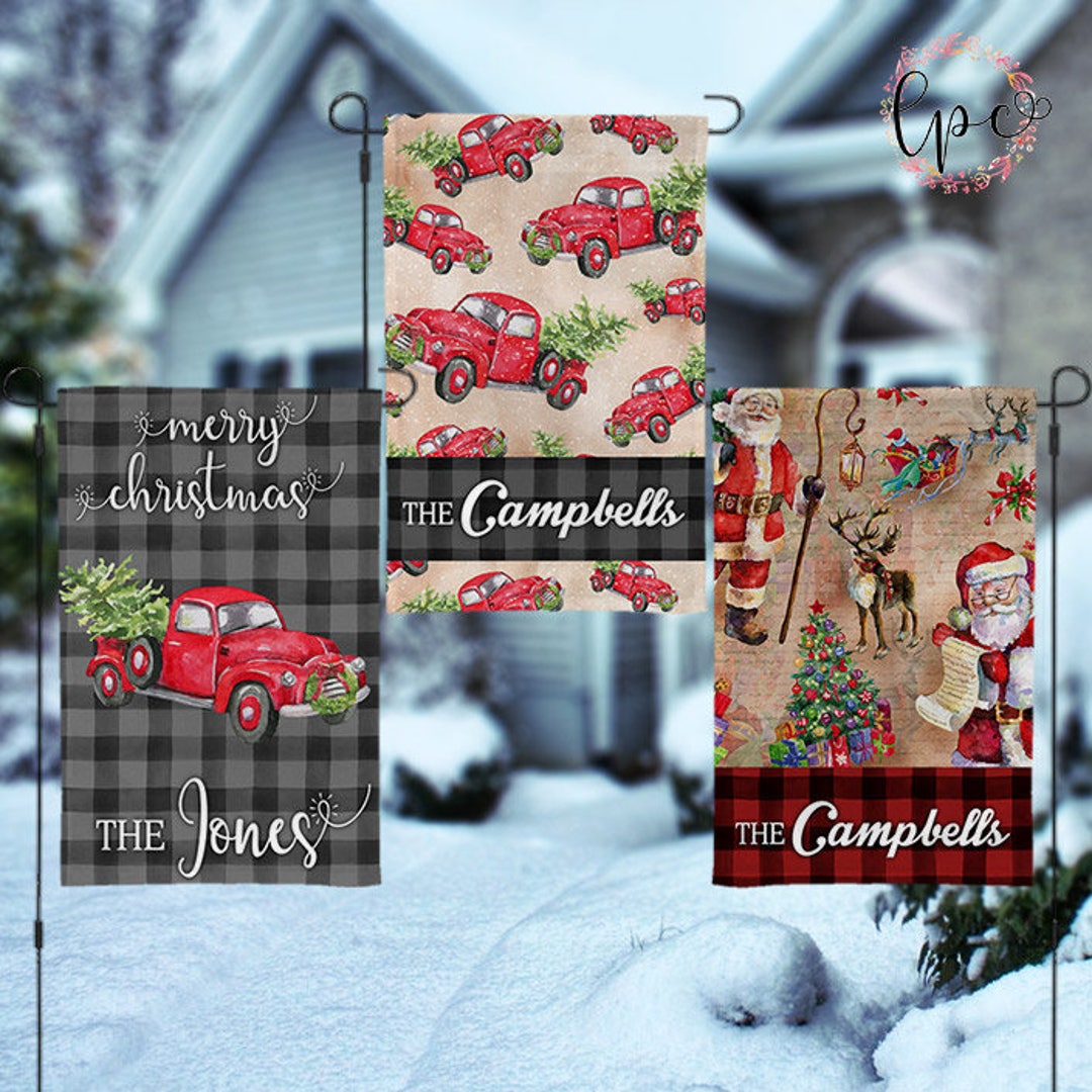 Personalized Christmas Garden House Flag - Vintage Christmas Truck and ...
