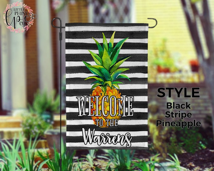 Personalized Pineapple Garden Flag - Black and White Stripe Welcome ...