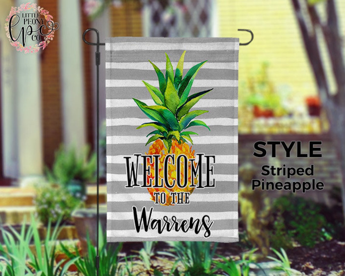 Personalized Pineapple Garden Flag - Black and White Stripe Welcome ...