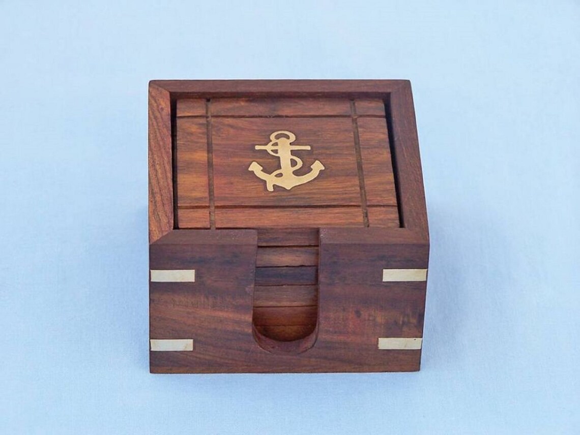 Wooden Anchor Coasters With Rosewood Holder 4 Set of 6 - Etsy