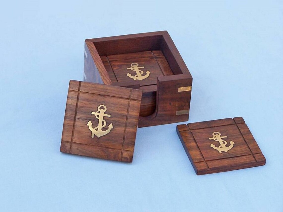Wooden Anchor Coasters With Rosewood Holder 4 Set of 6 - Etsy