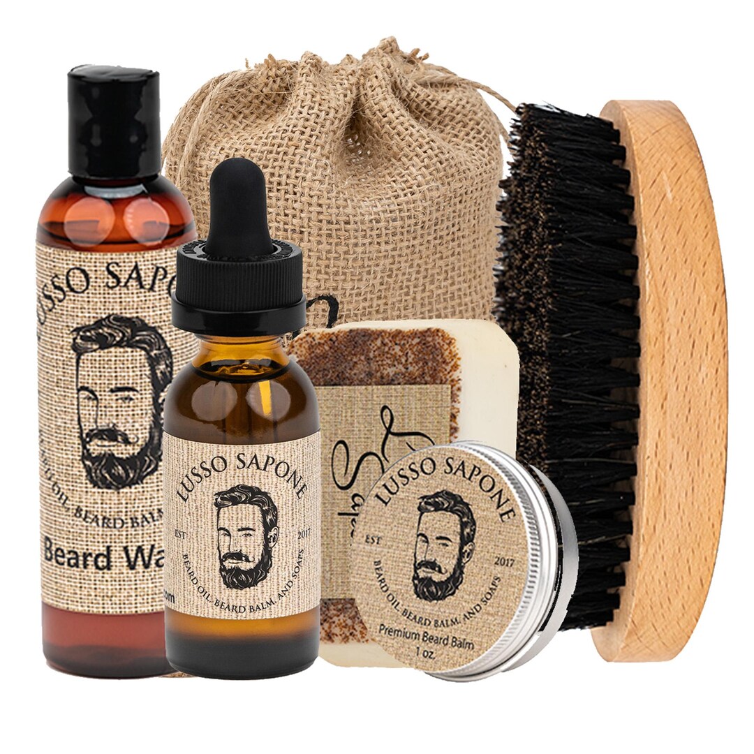 Personalized Beard Care Set: Beard Oil, Balm, Wash, Soap, Wooden Brush ...