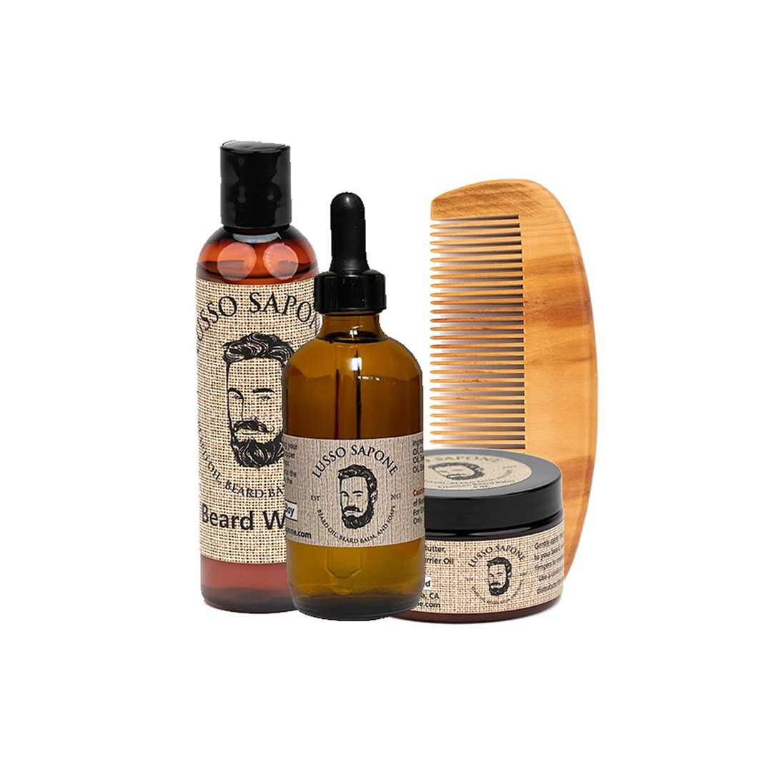Men’s Beard Care Gift Set Beard Oil, Balm, Wash, Comb All Natural ...