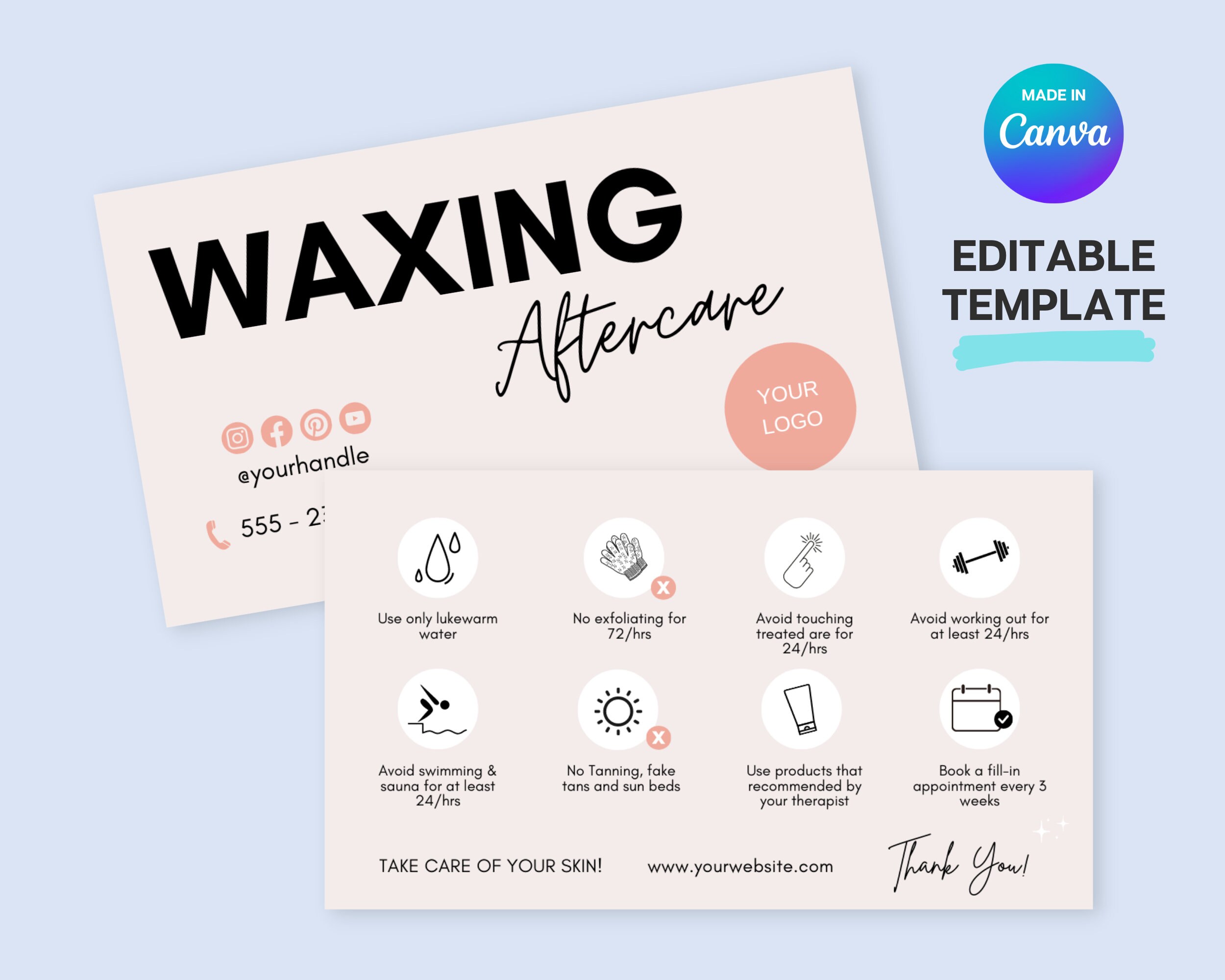 Waxing Aftercare Card Template, Printable Hair Removal Care Cards ...