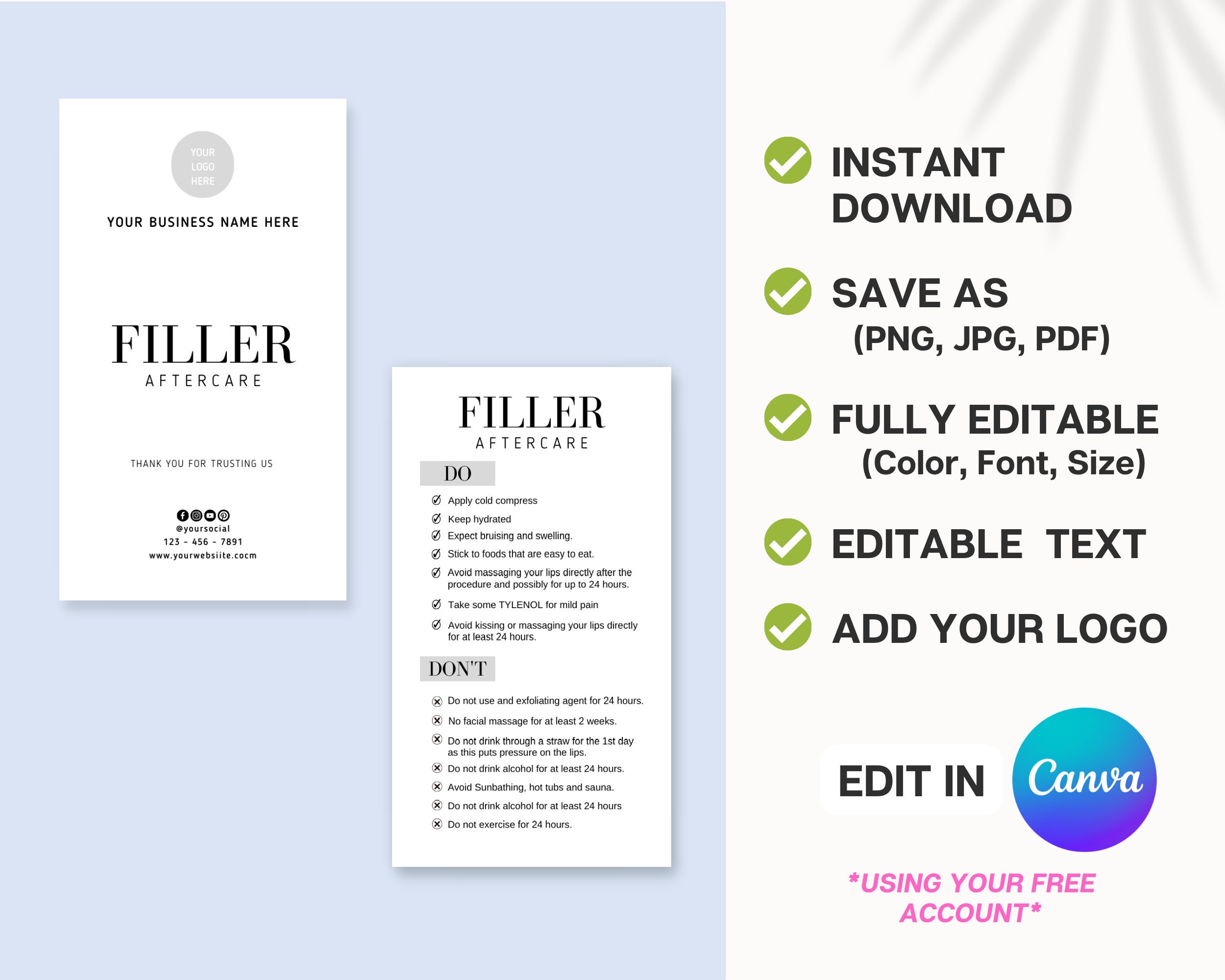 Filler Templates Editable, Filler Aftercare, Filler Care Card, Filler ...