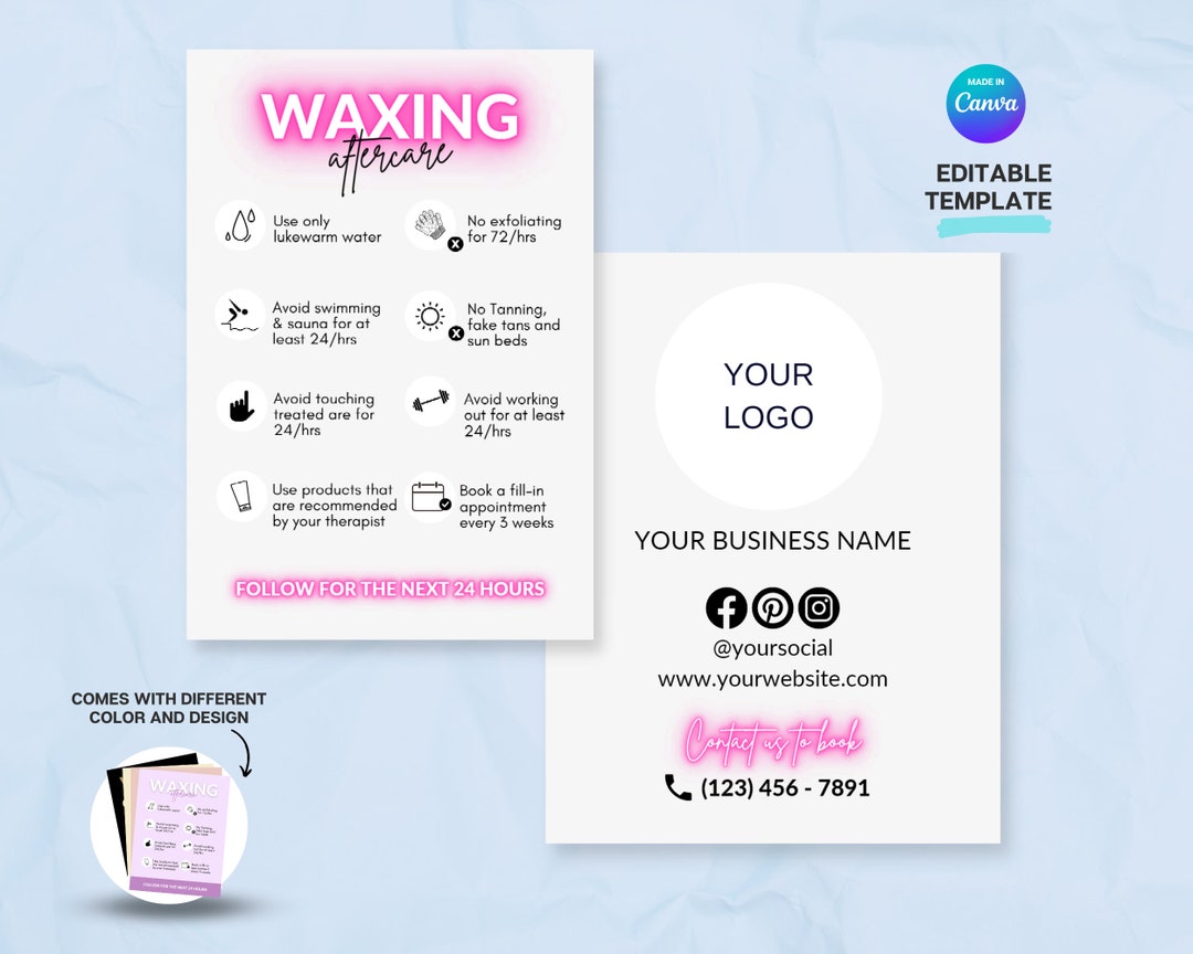 Waxing Aftercare Card Template, Editable Waxing Aftercare Cards, Pdf