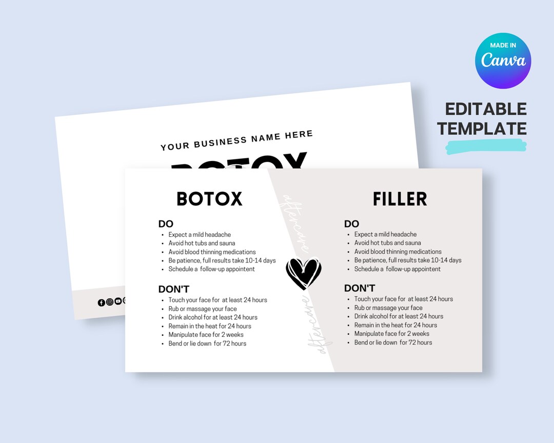 Botox and Filler, Botox and Filler Template, Botox Aftercare Cards ...