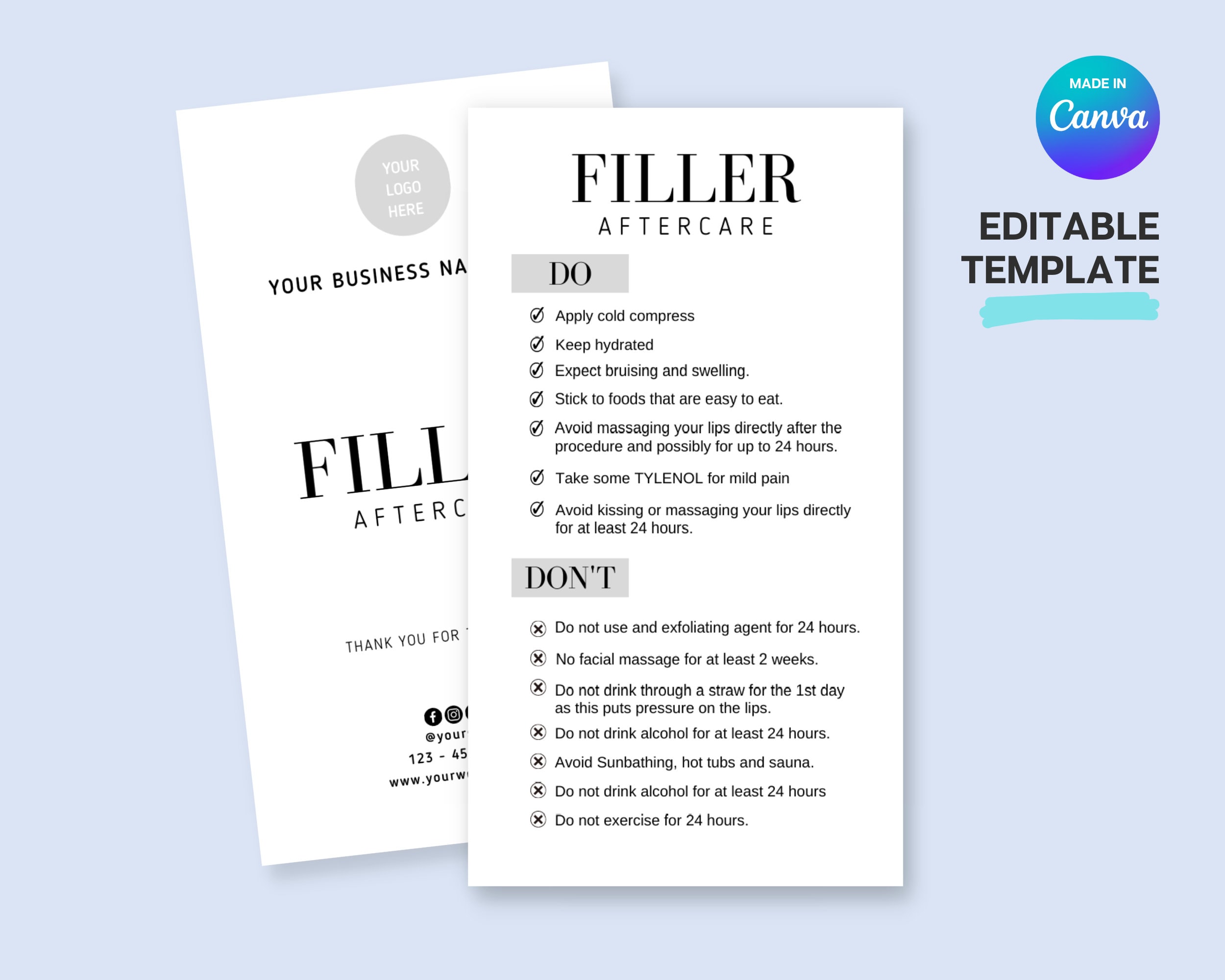 Filler Templates Editable, Filler Aftercare, Filler Care Card, Filler ...