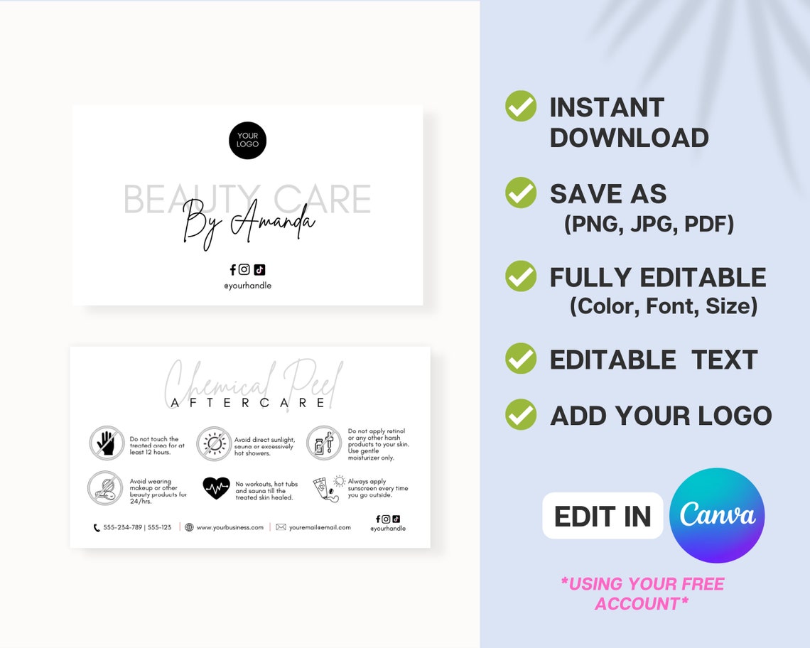 Editable Chemical Peel Aftercare Card Template,facial Treatment Post ...