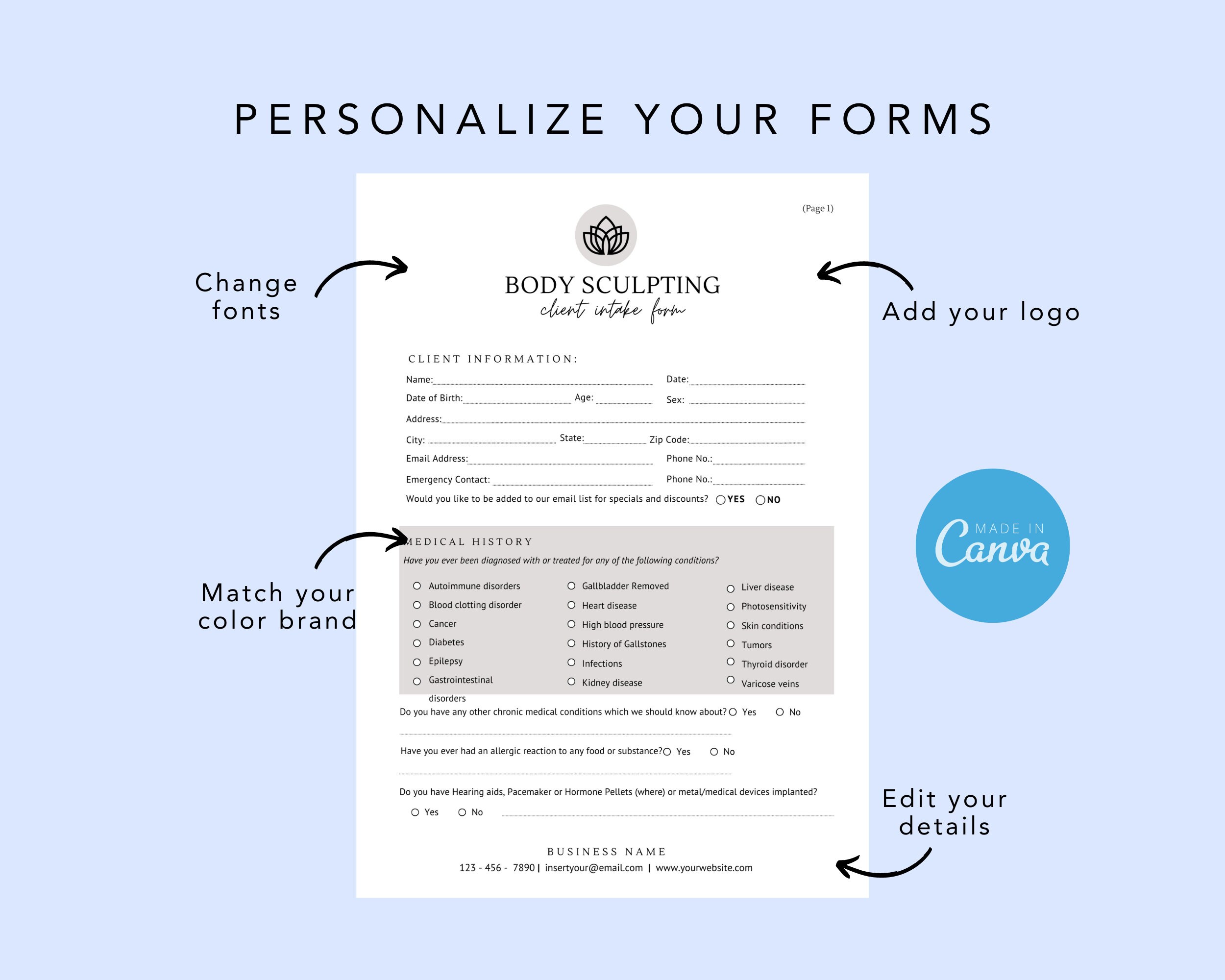 Body Sculpting Intake Forms, Body Contouring Consent Forms, Body ...