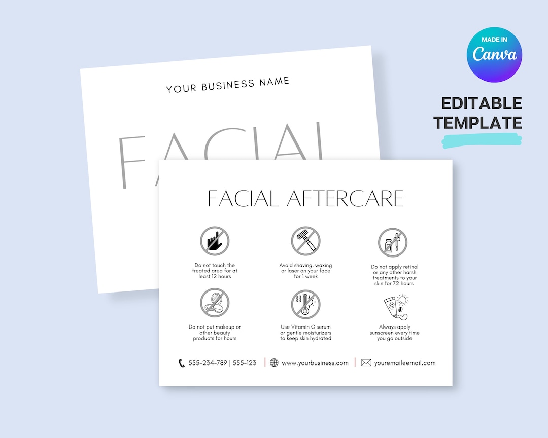 Facial Aftercare Card,facial Aftercare,facial Aftercare Card Template,facial Treatment Post Care ...