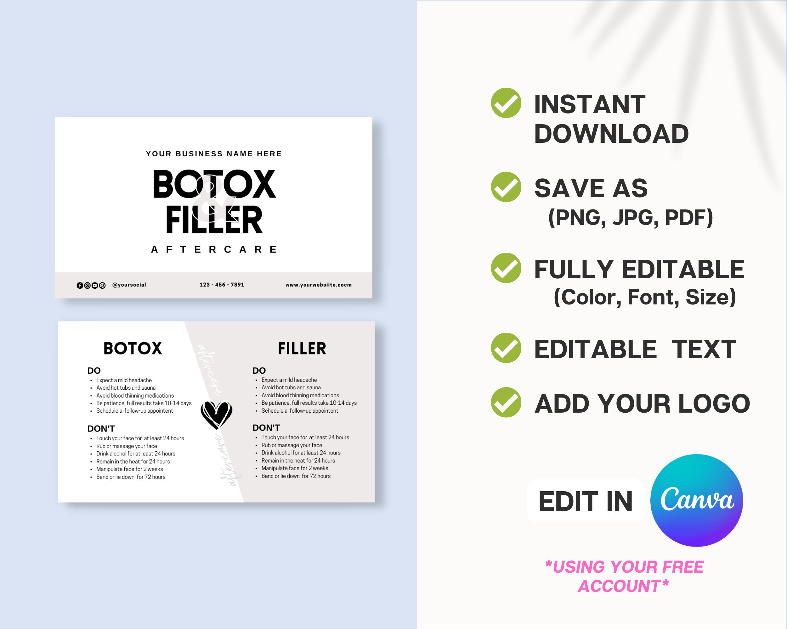 Botox and Filler, Botox and Filler Template, Botox Aftercare Cards ...