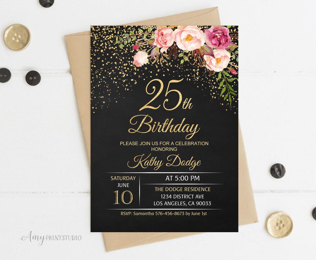 25th Birthday Invitation, Floral Women Birthday Invitation, Chalkboard ...
