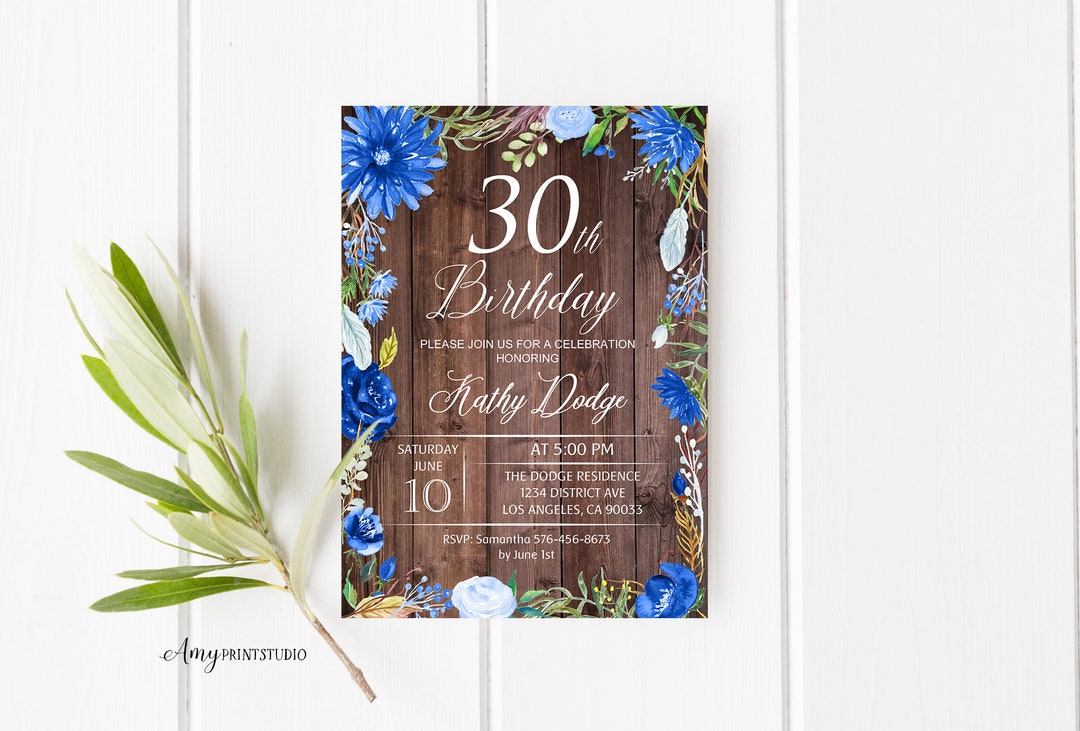 30th Birthday Invitation, Floral Women Birthday Invitation, Blue ...
