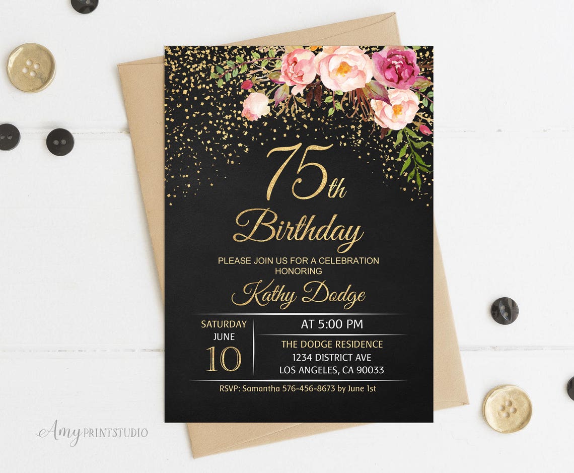 75th Birthday Invitation Floral Women Birthday Invitation Etsy