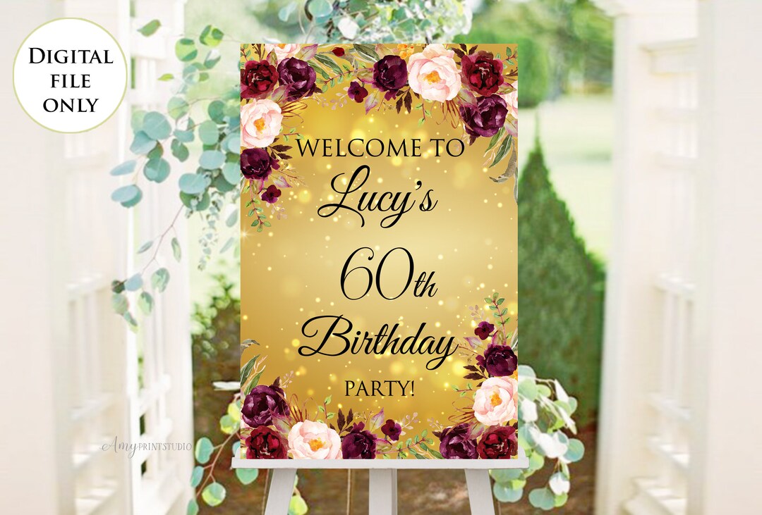 Welcome Birthday Sign, Welcome Sign, Burgundy Birthday Welcome Sign ...