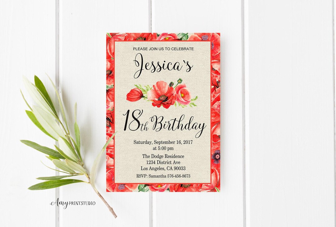 18th Birthday Invitation, Red Poppy Birthday Invitation, Poppies ...