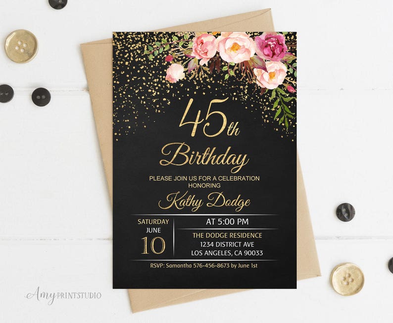 45th Birthday Invitation Floral Women Birthday Invitation Etsy