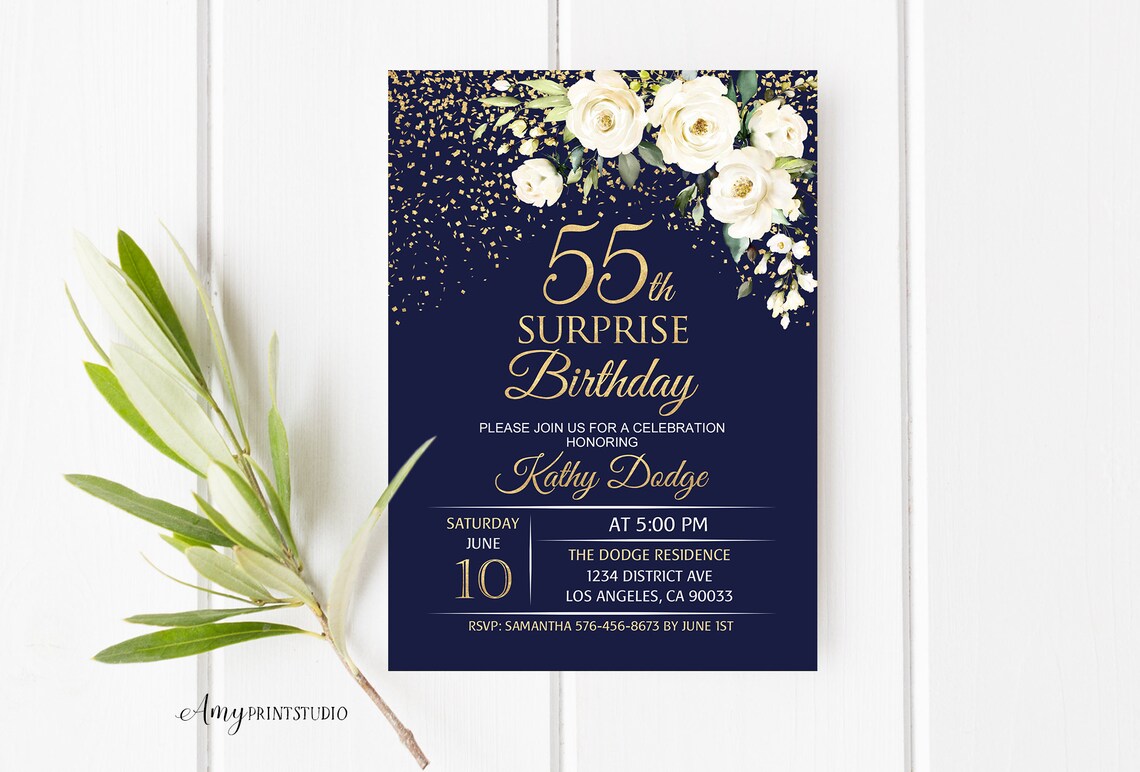 55th Birthday Invitation, Navy Gold Birthday Invitation, Floral Women ...