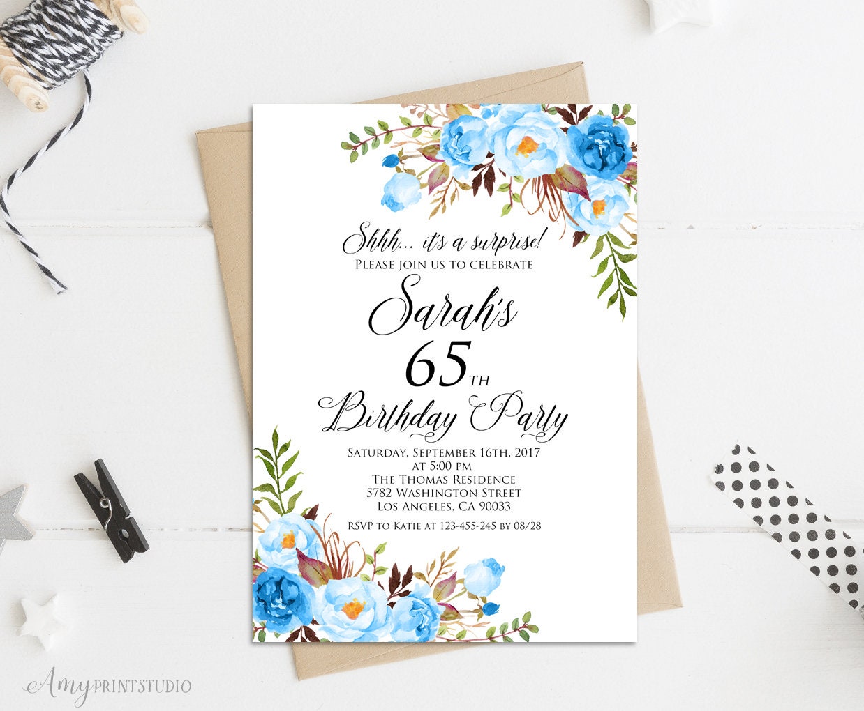 Surprise 65th Birthday Invitation Women Birthday Invitation | Etsy