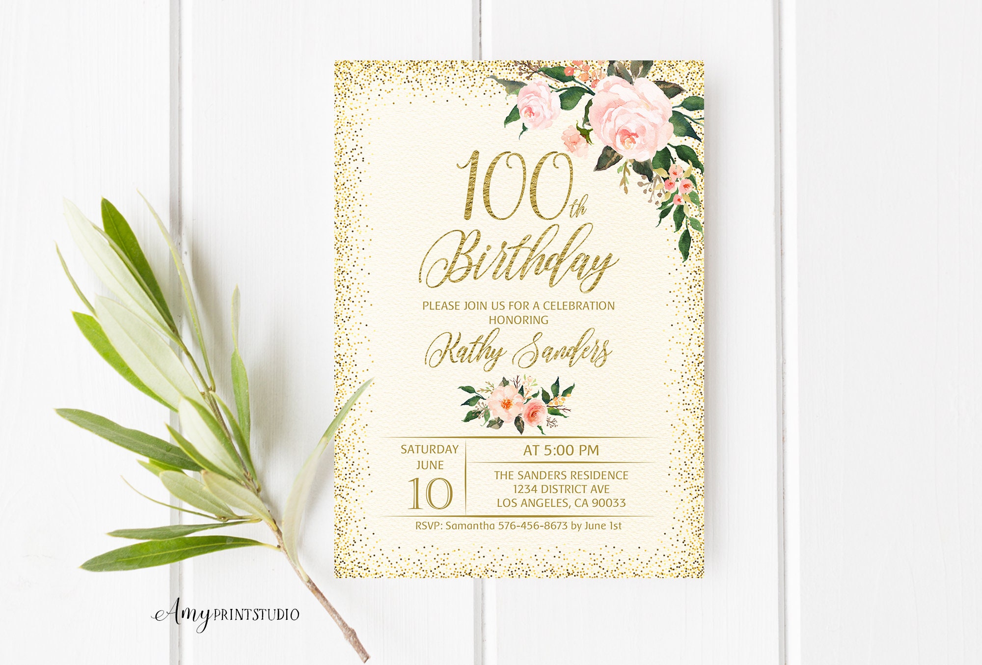 100th Birthday Invitation, Floral Birthday Invitation, Any Age Surprise ...