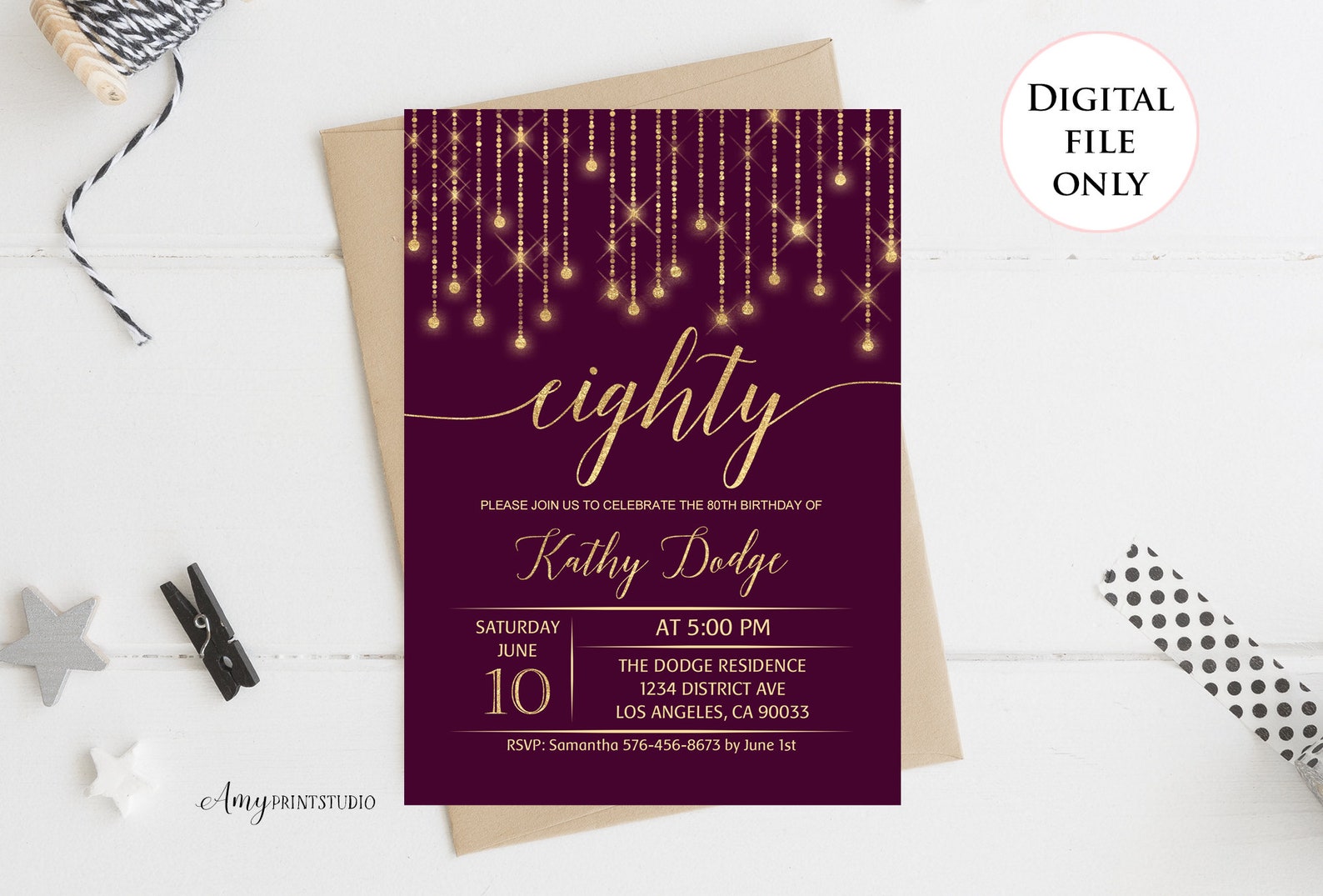 80th Birthday Invitation Gold Birthday Invitation Plum Gold - Etsy