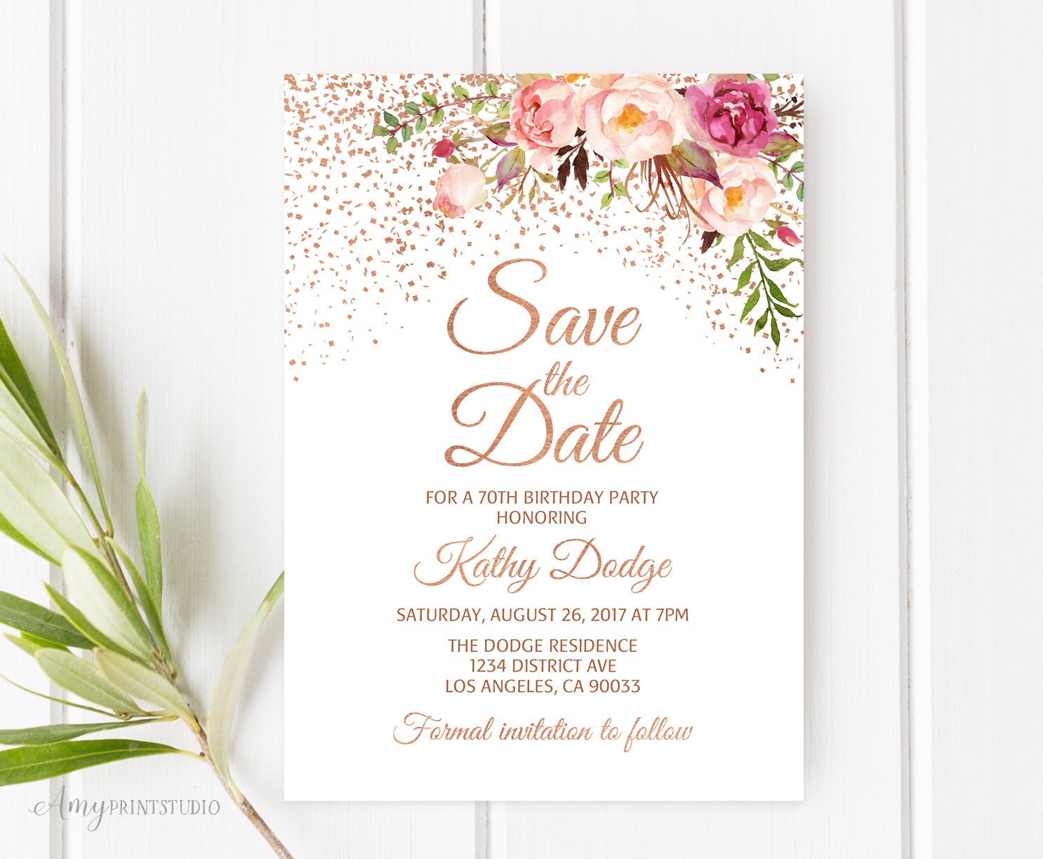 Save the Date, Birthday Save the Date, Floral Rose Gold Save the Date ...