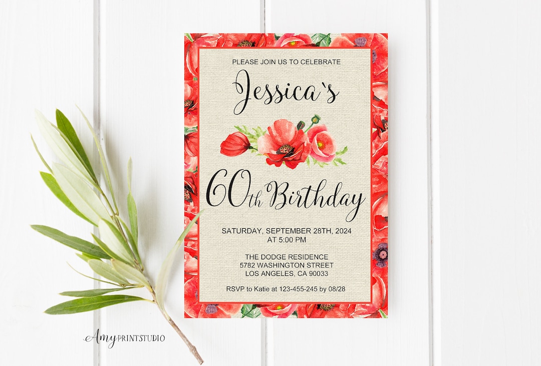 60th Birthday Invitation, Red Poppy Birthday Invitation, Poppies ...