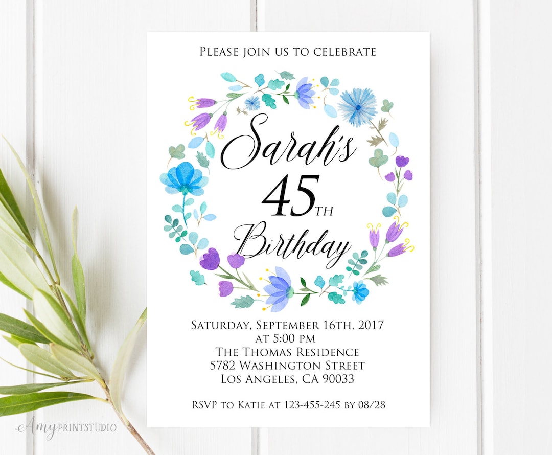 45th Birthday Invitation, Floral Women Birthday Invitation, Any Age ...