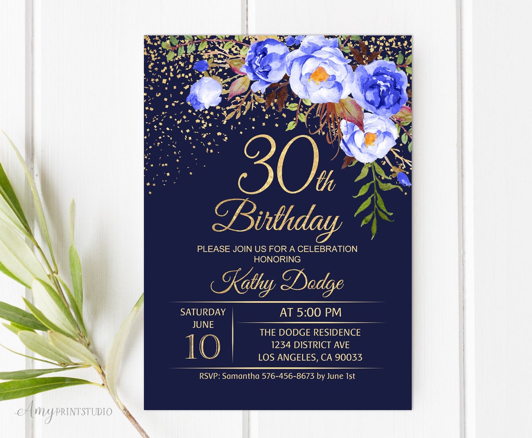 30th Birthday Invitation, Floral Women Birthday Invitation, Navy ...