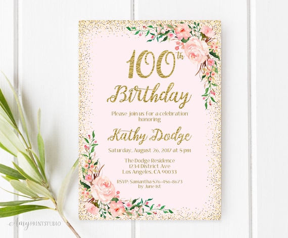 100th Birthday Invitation Floral Birthday Invitation Any Age | Etsy