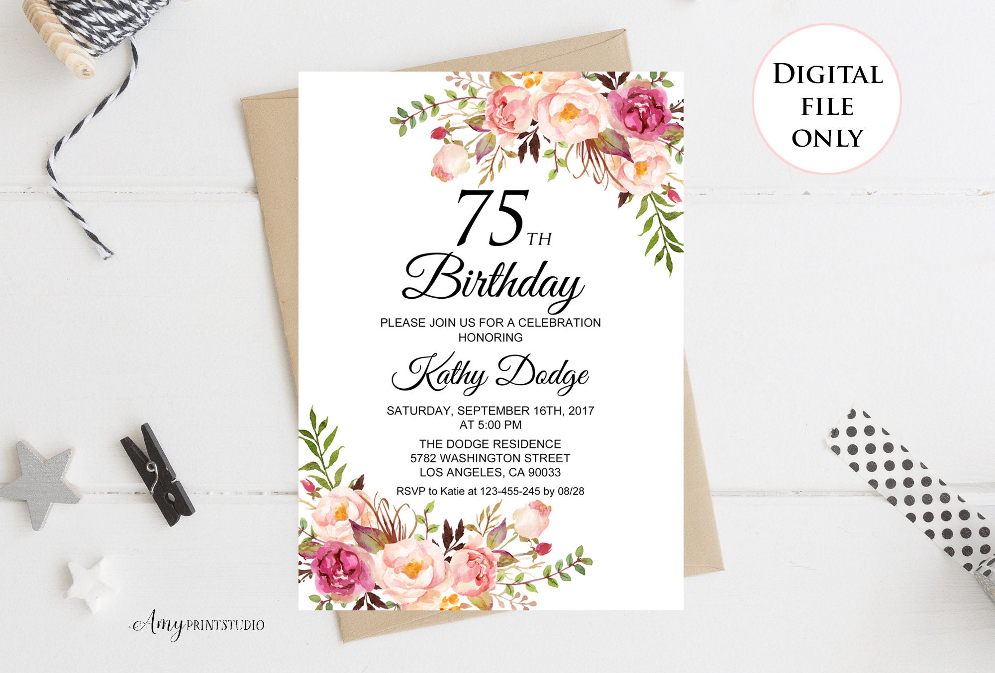 75th Birthday Invitation Floral Women Birthday Invitation Etsy