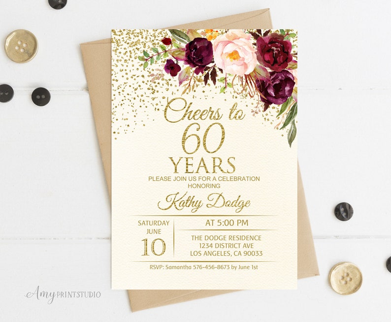 Cheers to 60 Years Floral Ivory Birthday Invitation 60th | Etsy